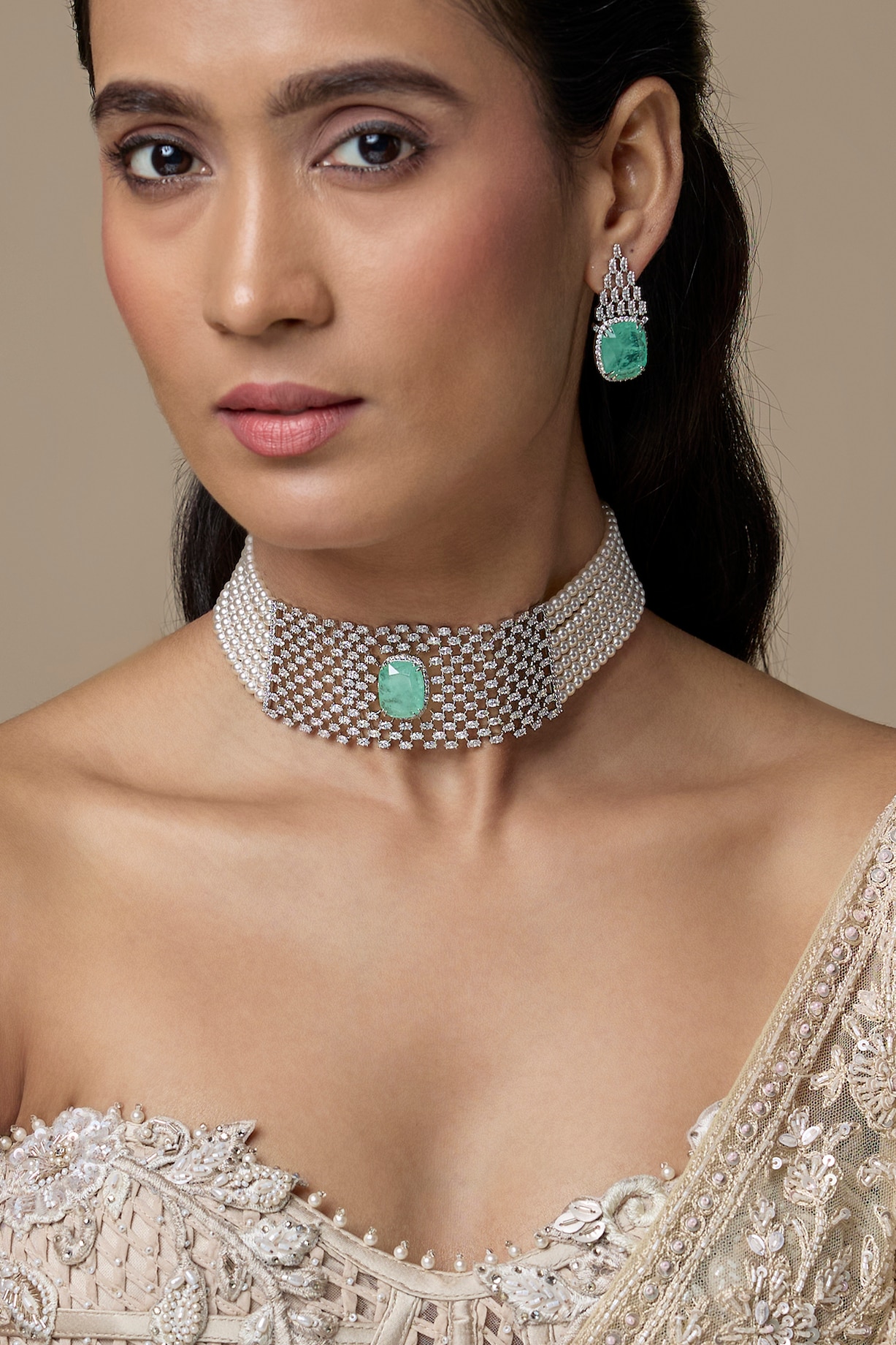 Silver Finish Turquoise Stone & Zircon Choker Necklace Set by Moh-Maya ...