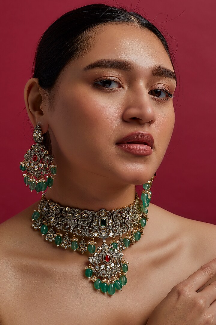 Black Rhodium Finish Green Beaded Choker Necklace Set Design by Moh-Maya by Disha Khatri at ...