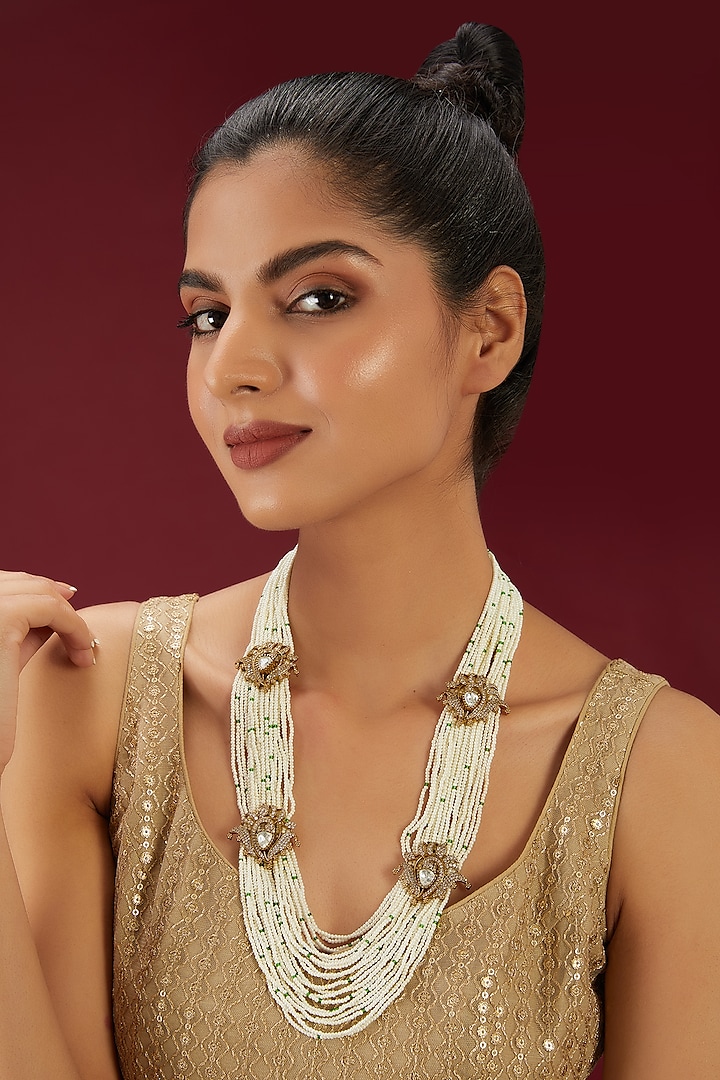 Gold Finish Kundan Polki & Pearl Beaded Mala Set by Moh-Maya by Disha Khatri at Pernia's Pop Up ...