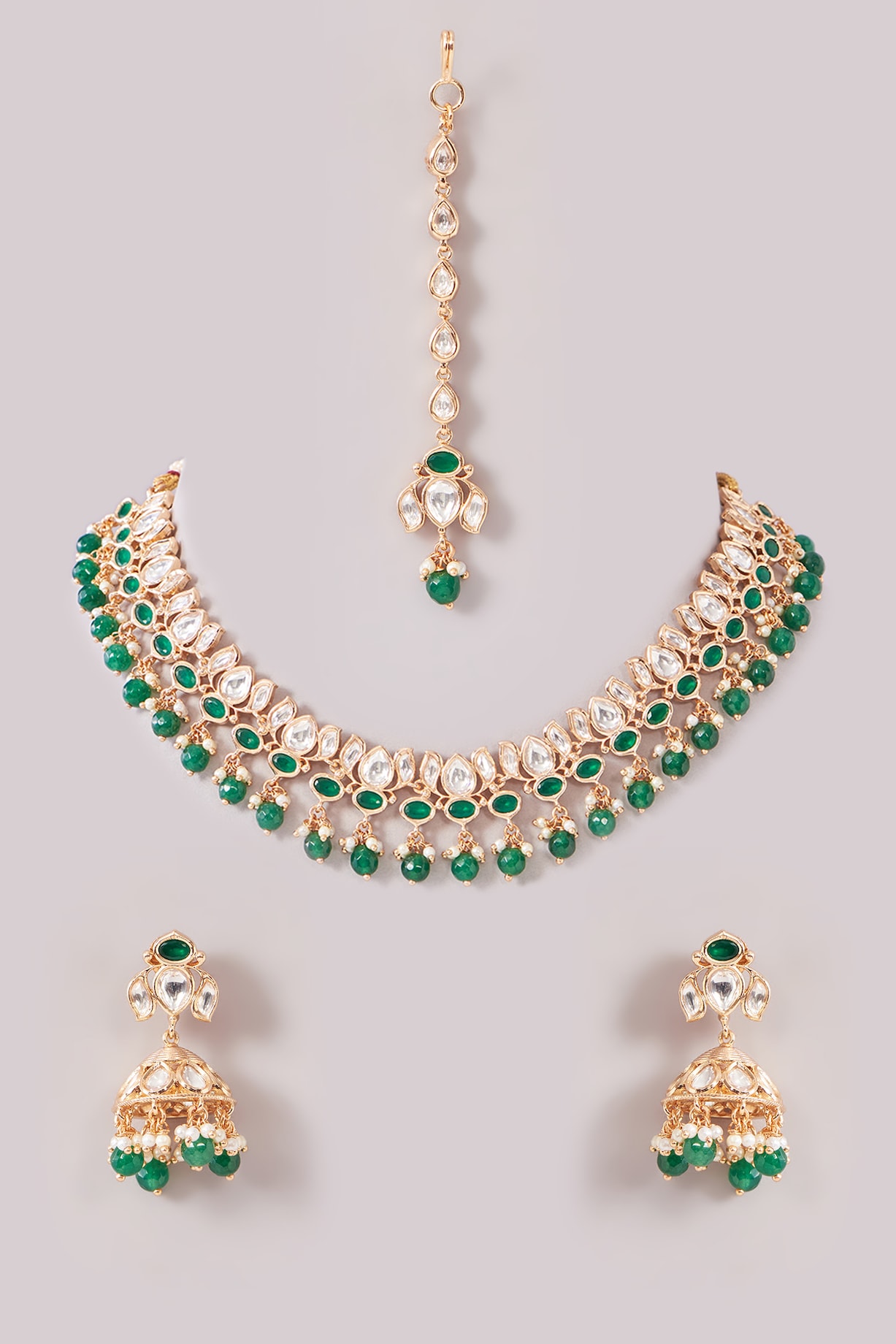 Gold Finish Moissanite Polki & Emerald Stone Choker Necklace Set by Moh-Maya by Disha Khatri at ...