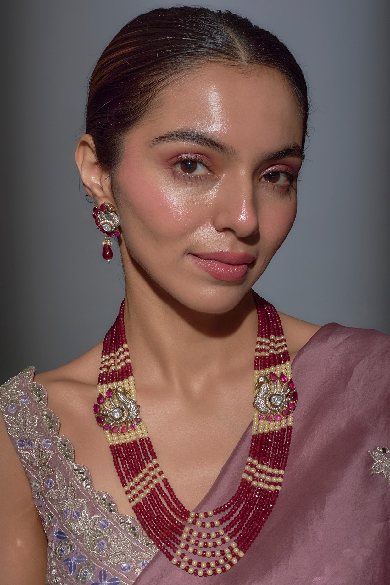 Gold Finish Ruby Sone & Beaded Long Layered Necklace Set by Moh-Maya by ...