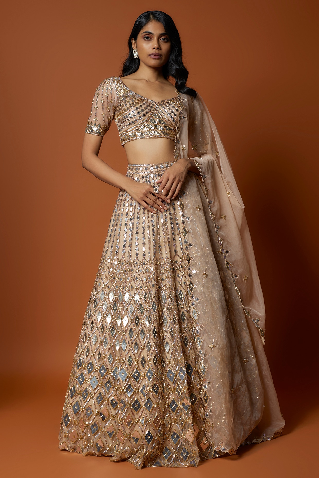 Gold Net & Organza Geometric Embroidered Bridal Lehenga Set by Mehak ...