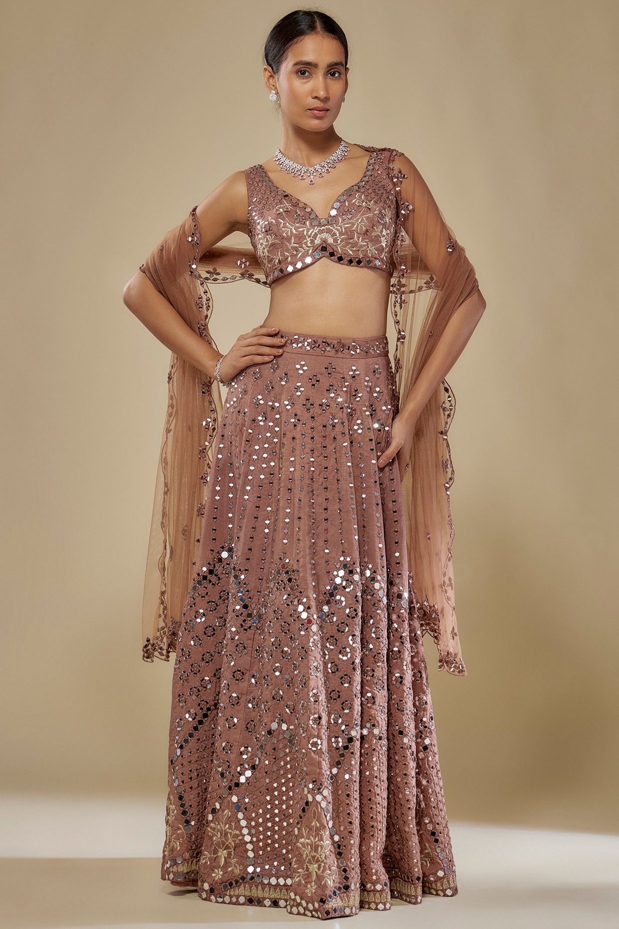 Coffee Brown Raw Silk & Net Mirror Embroidered Wedding Lehenga Set by ...