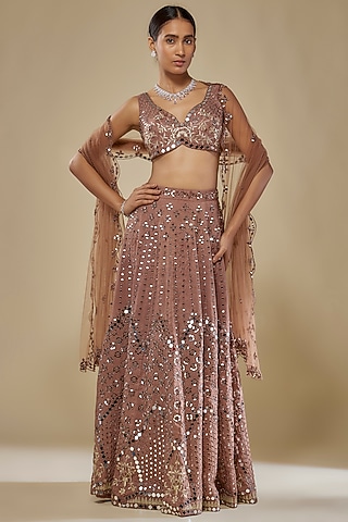 Coffee Brown Raw Silk & Net Mirror Embroidered Wedding Lehenga Set by ...
