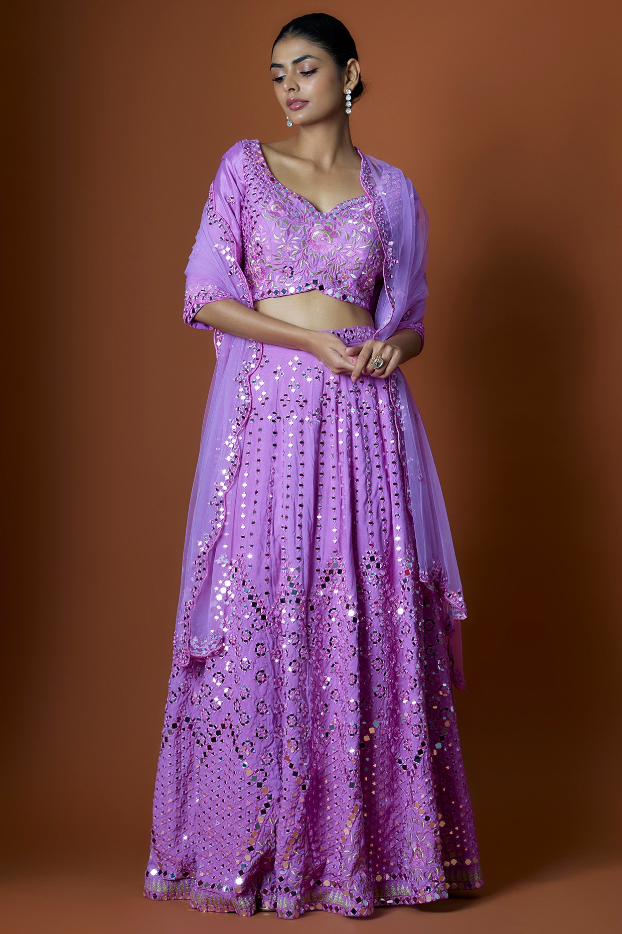 Pink Raw Silk & Net Mirror Embroidered Wedding Lehenga Set by Mehak ...