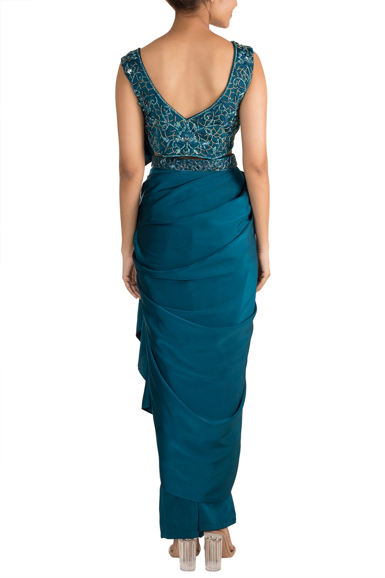 Cobalt Blue Milano Satin Pant Saree Set by Mehak Murpana at Pernia's ...