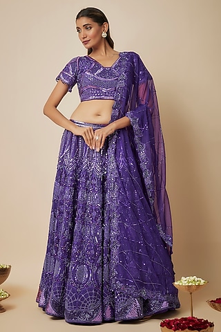 Purple Dupion Crepe Embroidered Bridal Lehenga Set by Mehak Murpana at ...