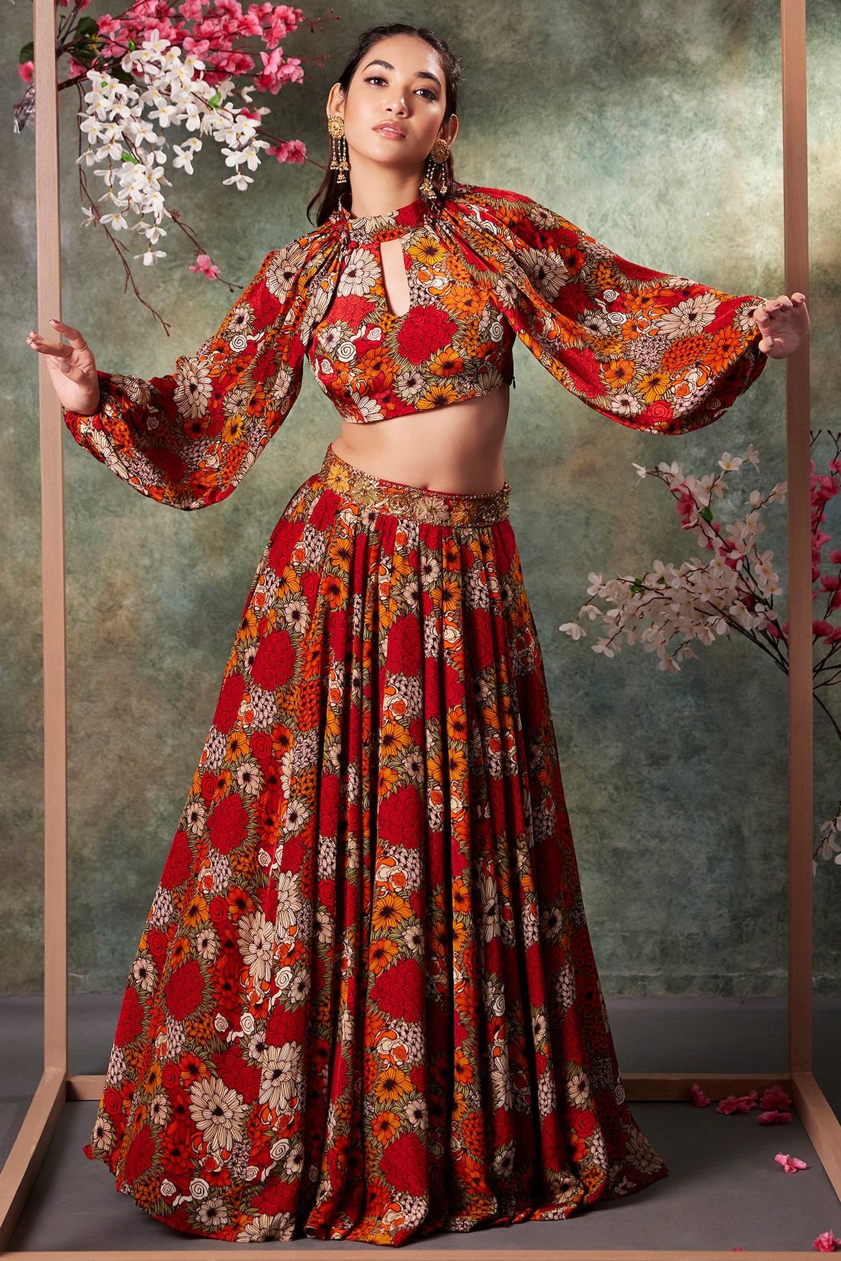 Orange & Red Crepe Floral Printed Wedding Lehenga Set by Mehak Murpana ...