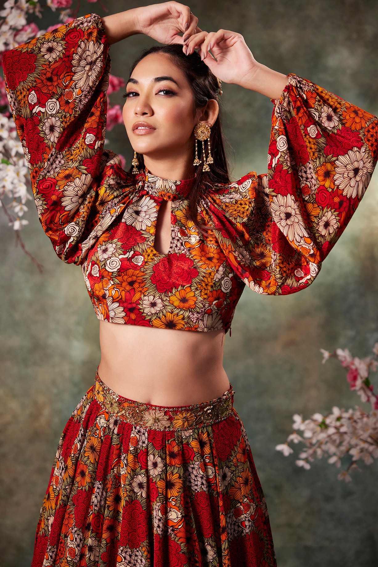 Orange & Red Crepe Floral Printed Wedding Lehenga Set by Mehak Murpana ...