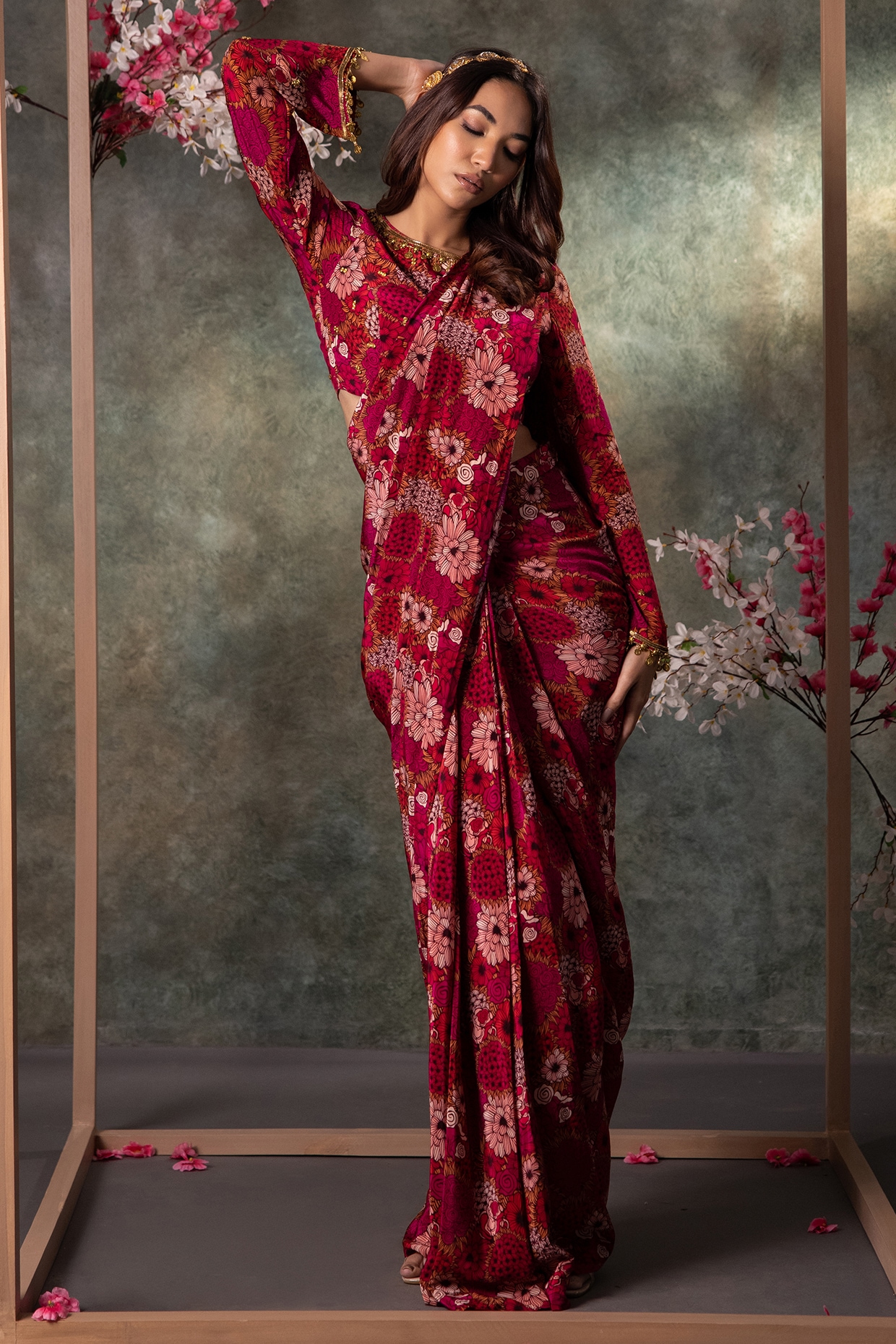 Pink Crepe Floral Printed Pre-Draped Saree Set by Mehak Murpana at ...