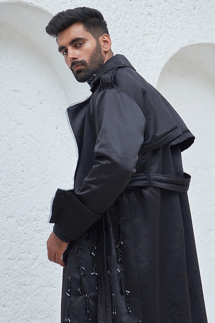 Black Net & Crepe Hand Embroidered Trench Coat Design by Mahima Mahajan ...