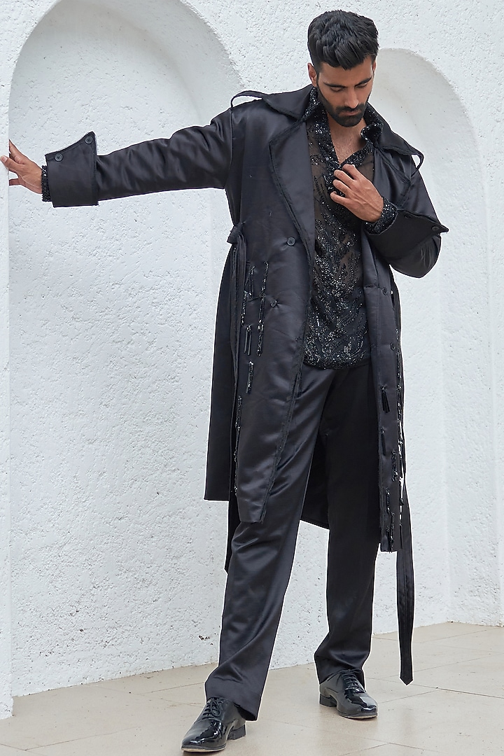 Black Net & Crepe Hand Embroidered Trench Coat Design by Mahima Mahajan ...