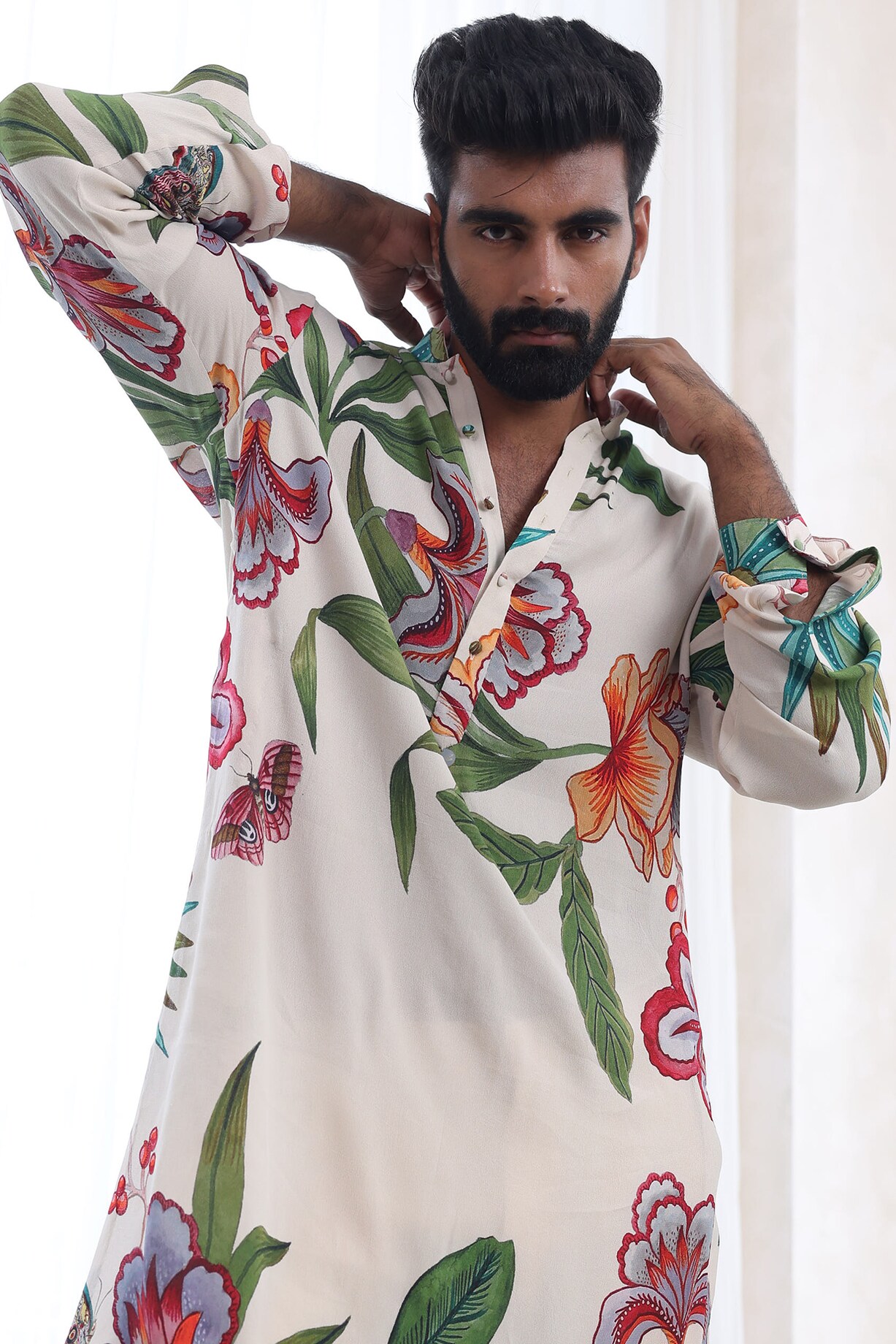 Ivory Moss Crepe & Glace Cotton Printed Kurta Set by Mahima Mahajan Men ...