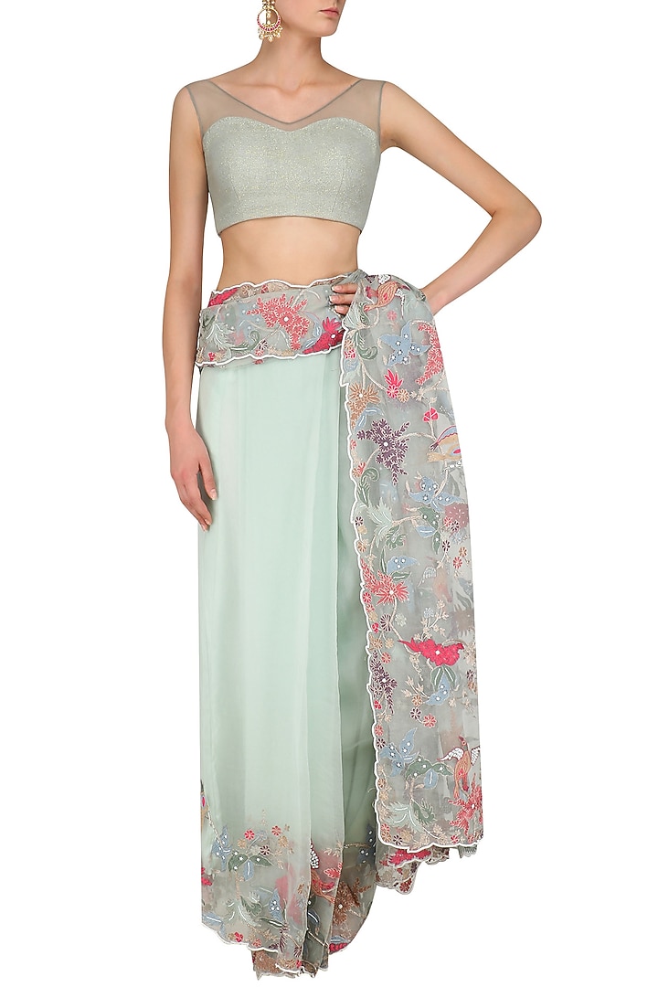 Pale peppermint organza sheer saree, blouse and petticoat set available ...