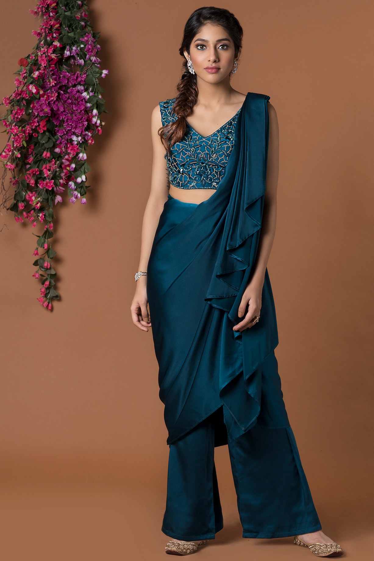 Cobalt Blue Milano Satin Pant Saree Set by Mehak Murpana at Pernia's ...