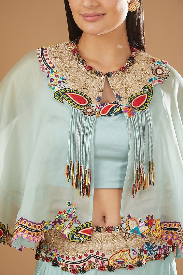 Powder Blue Silk & Organza Tiered Skirt Set Design by Minaxi Dadoo at ...