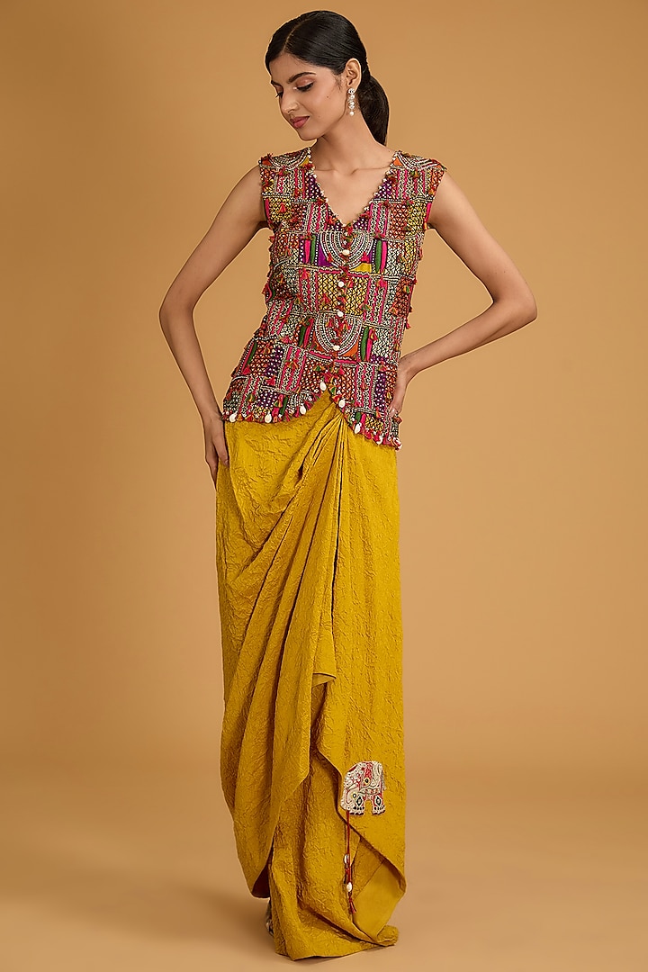Yellow Silk Kashmiri Thread Work Cape Set Design by Minaxi Dadoo at ...