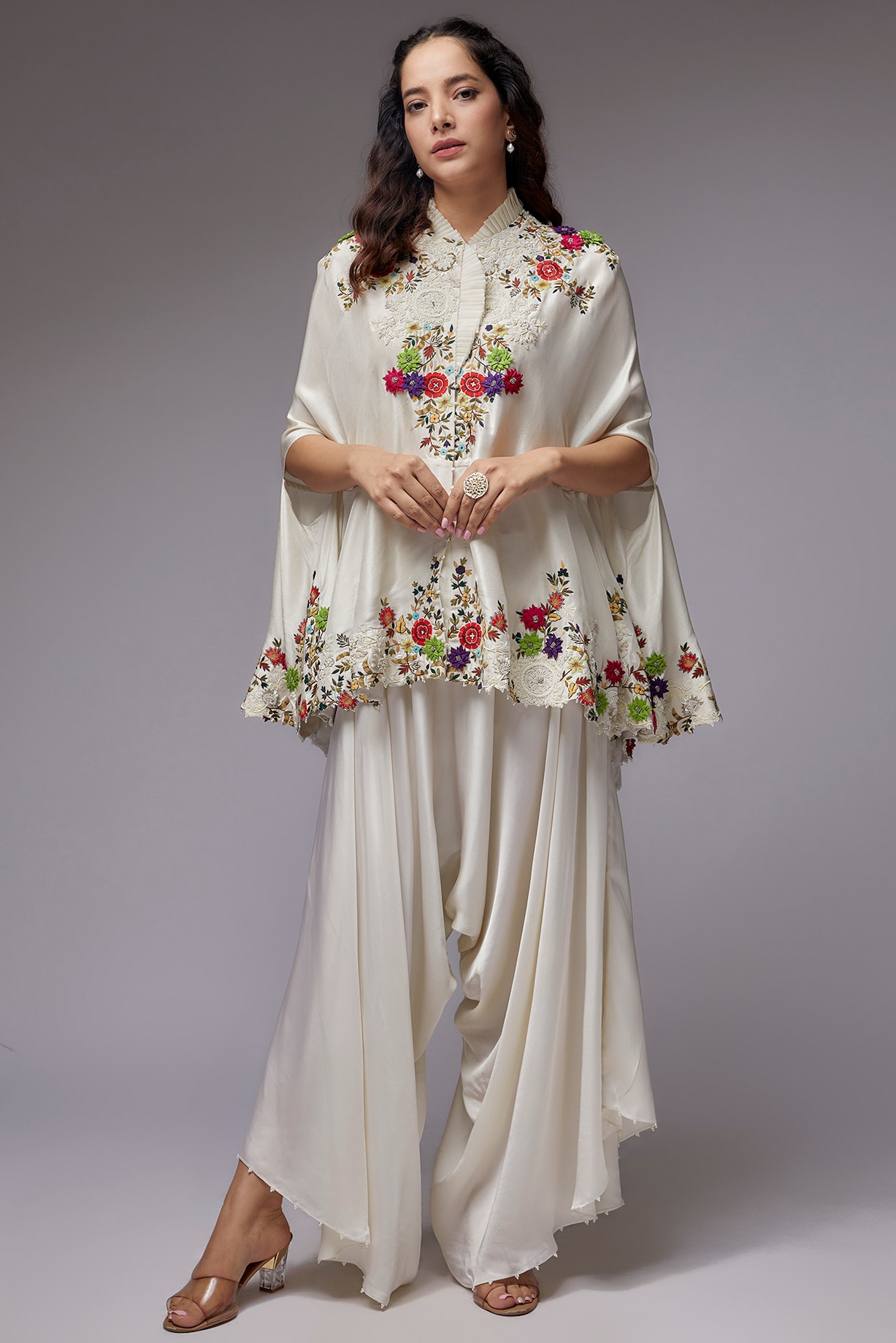 Ivory Dupion Silk Embroidered Cape Set by Minaxi Dadoo at Pernia's Pop ...