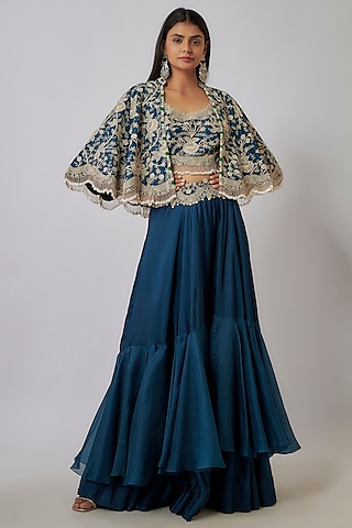 Peacock Blue Dupion Thread Work Cape Set by Minaxi Dadoo at Pernia's ...