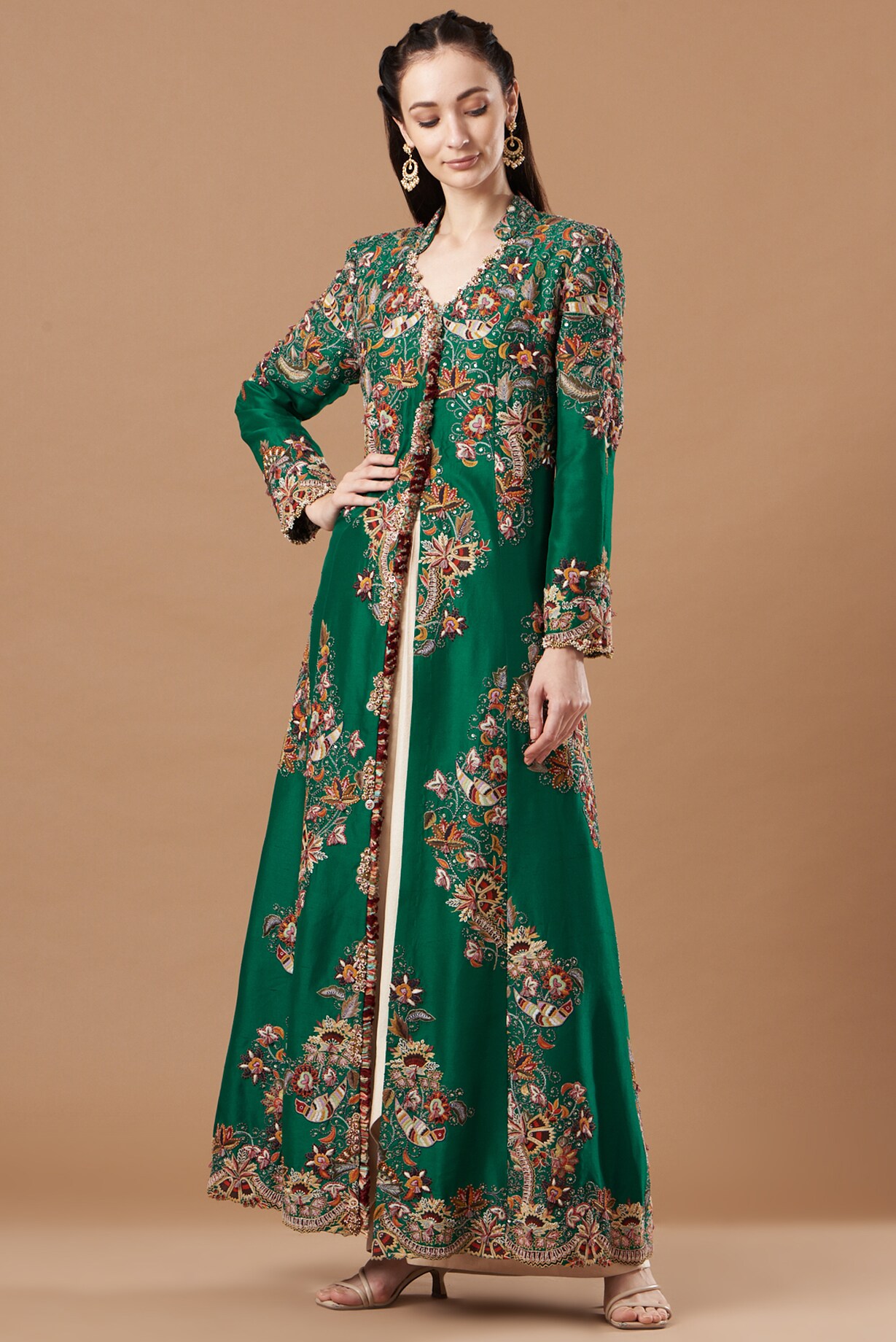 Green Dupion Silk Embroidered Jacket Set by Minaxi Dadoo at Pernia's ...