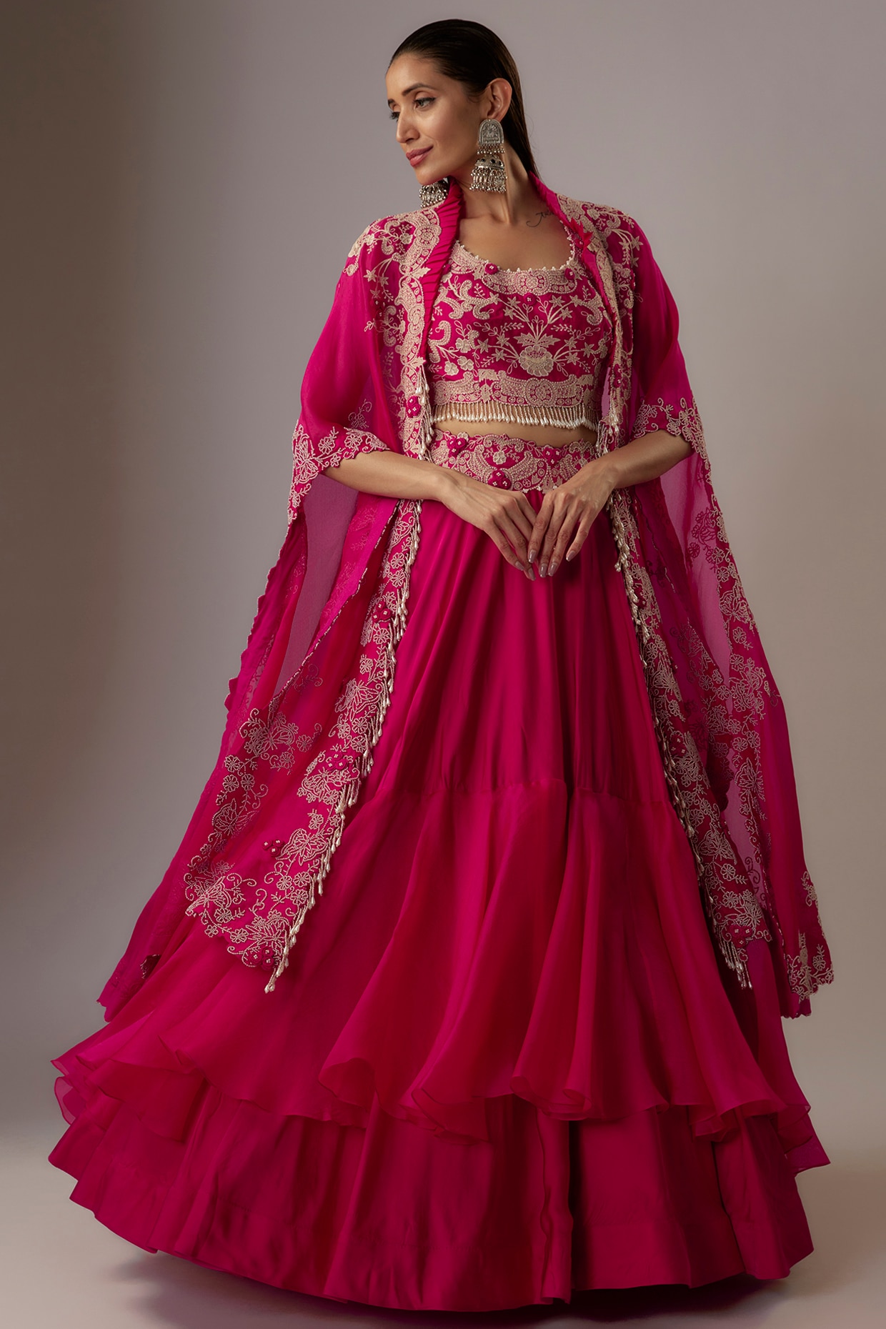 Red Organza & Silk Thread Embroidered Jacket Tiered Bridal Lehenga Set by Minaxi Dadoo at Pernia ...