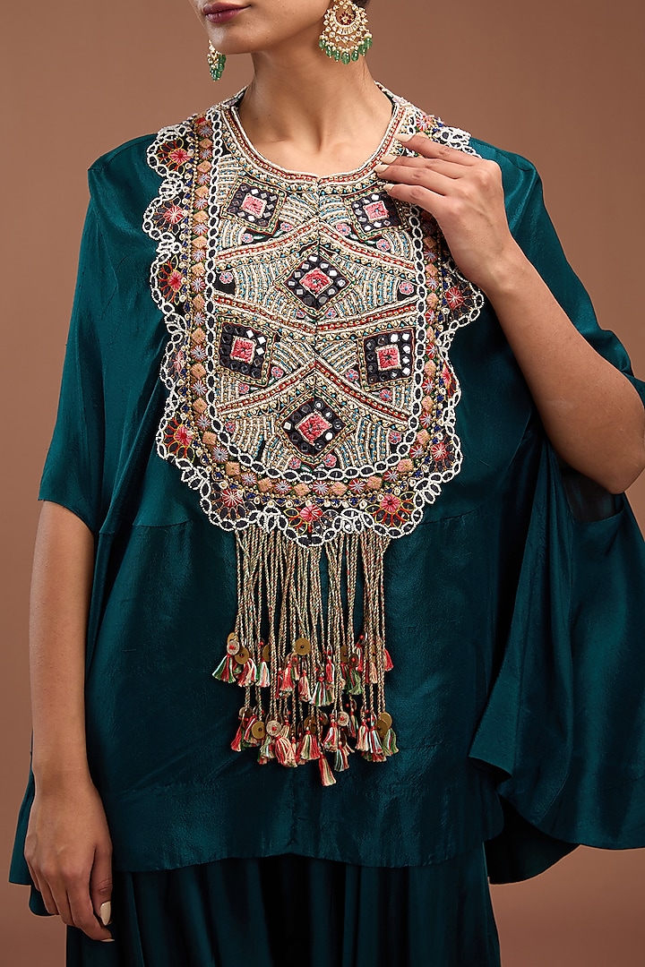Peacock Blue Dupion Mirror Work Cape Set by Minaxi Dadoo at Pernia's ...