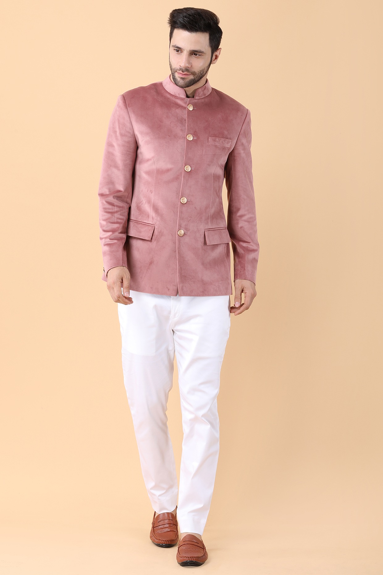 Onion Pink Velvet Bandhgala Set by Manish Nagdeo Men at Pernia's Pop Up ...