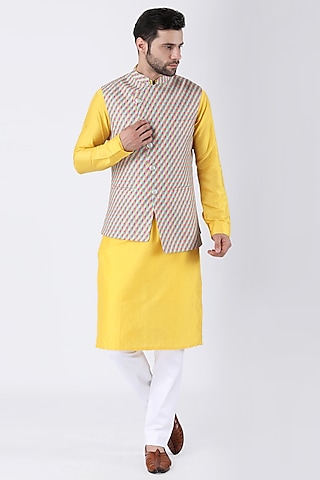 Multi-Colored Ruby Cotton Silk Asymmetric Bundi Jacket Set by Manish ...