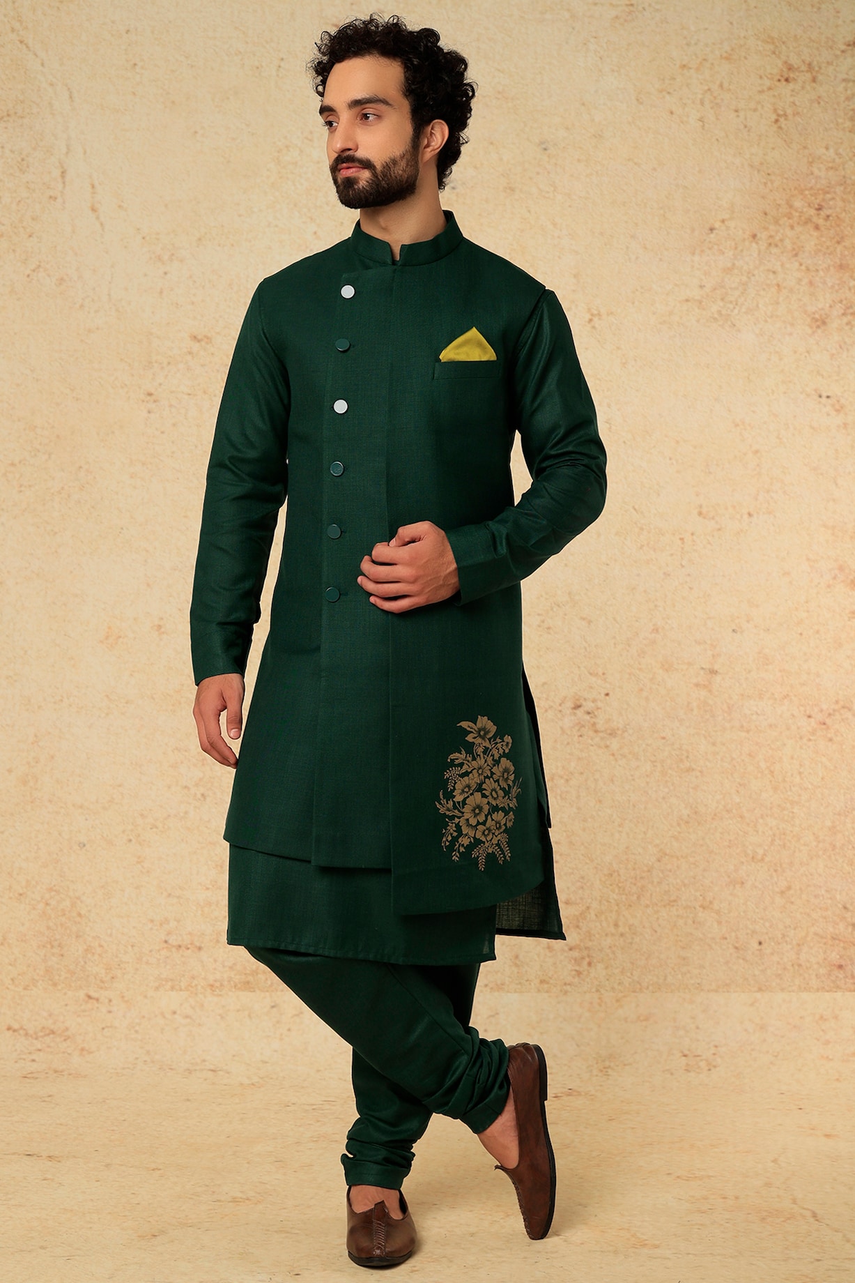 Buy Manish Nagdeo Bottle Green Ruby Silk Indowestern Set at Pernia'sPopUpShopMen 2025
