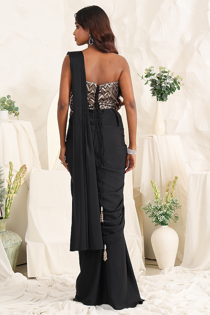 Black Satin Draped Party Wear Saree Set by MeenaGurnam at Pernia's Pop Up Shop 2026