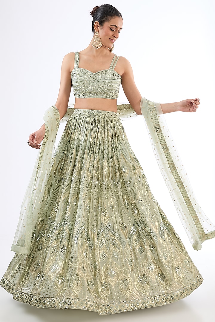 Pista Green Georgette Sequins Embroidered Wedding Lehenga Set by ...