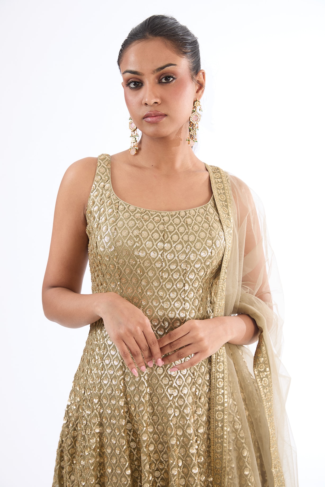 Sage Green Georgette Sequins Embroidered Anarkali Set by MeenaGurnam at ...