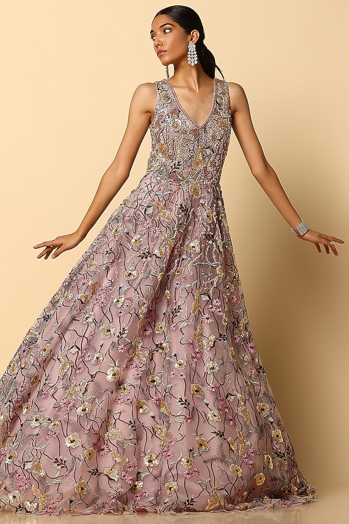 Blush Pink Net Sequin Embroidered Gown by MeenaGurnam at Pernia's Pop ...