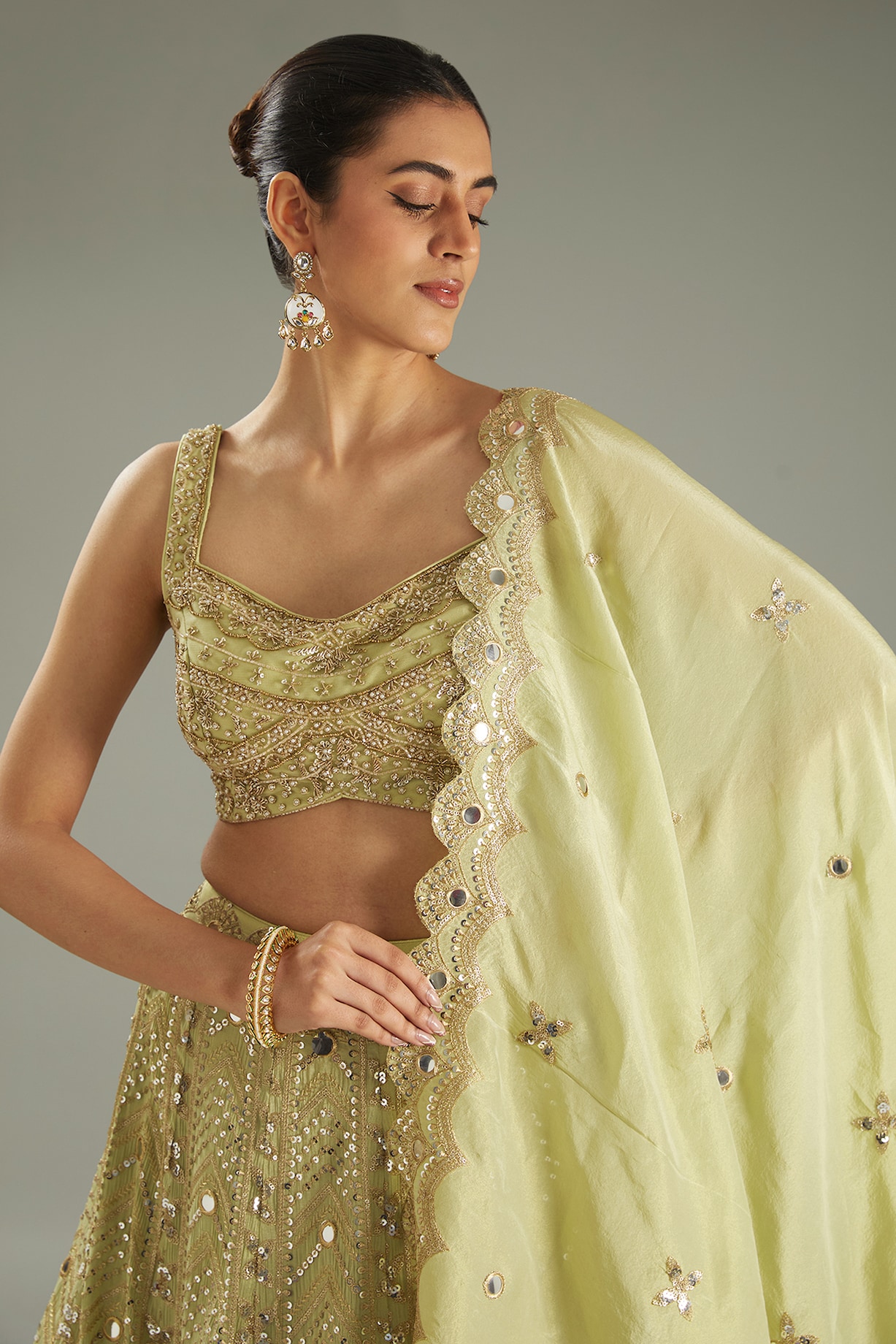 Mint Green Tissue Mirror Work Wedding Lehenga Set by MeenaGurnam at ...