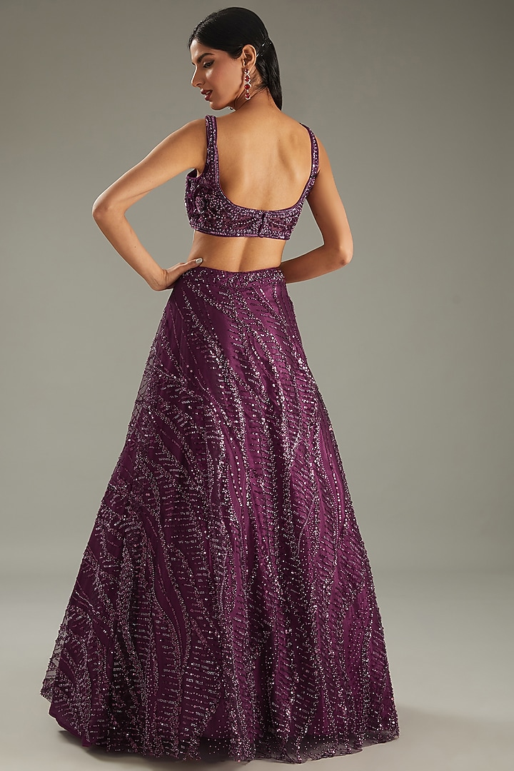 Wine Net Hand Embroidered Wedding Lehenga Set by MeenaGurnam at Pernia ...