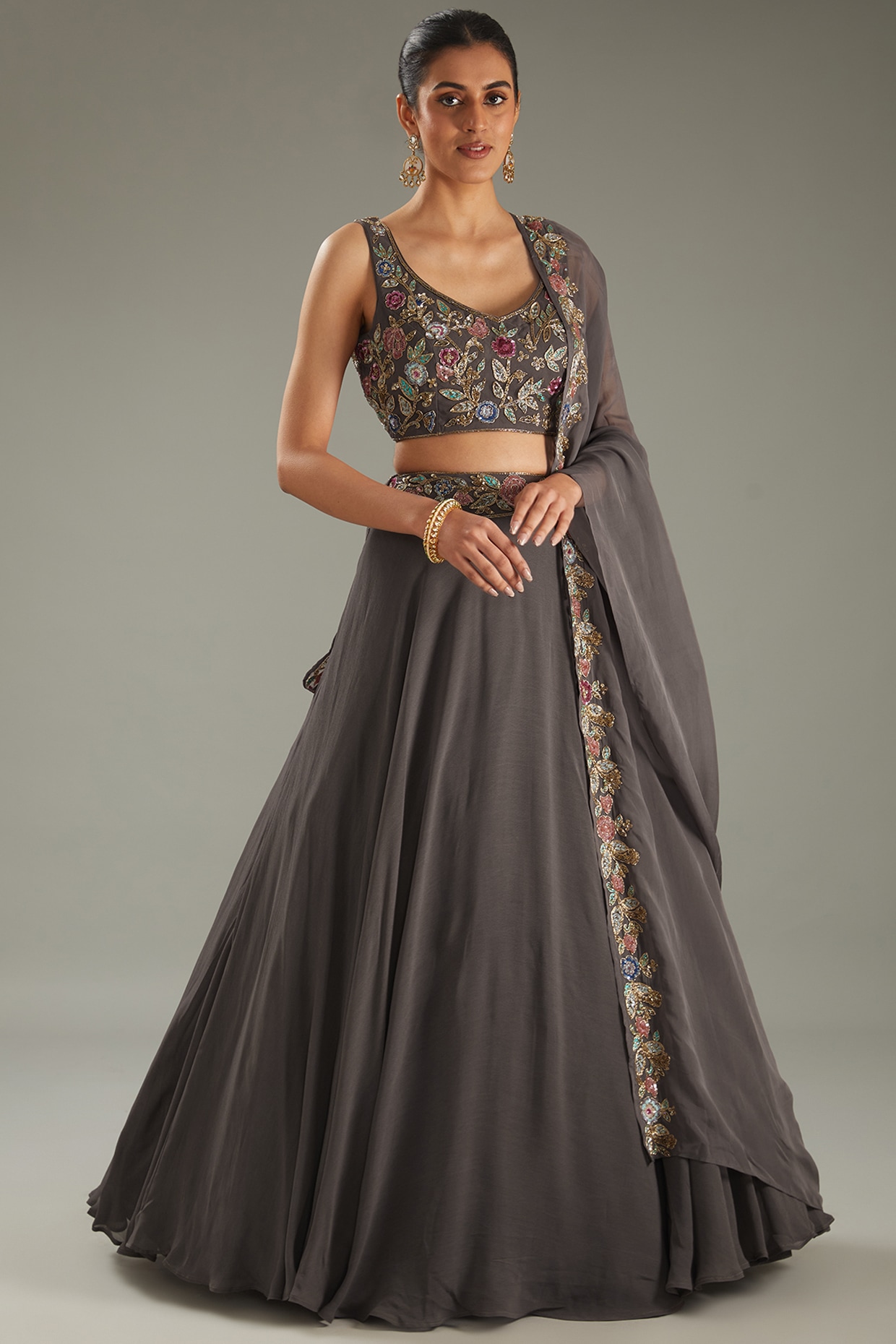 Charcoal Georgette Hand Embroidered Wedding Lehenga Set by MeenaGurnam ...