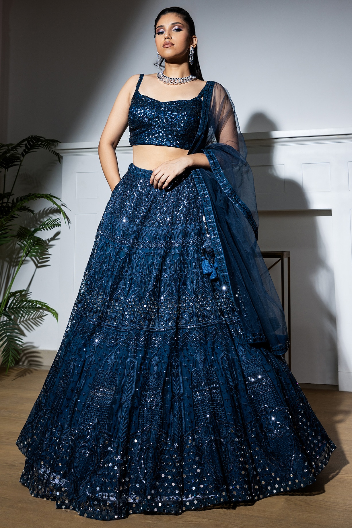 Navy Blue Net Sequins Embroidered Wedding Lehenga Set by MeenaGurnam at ...