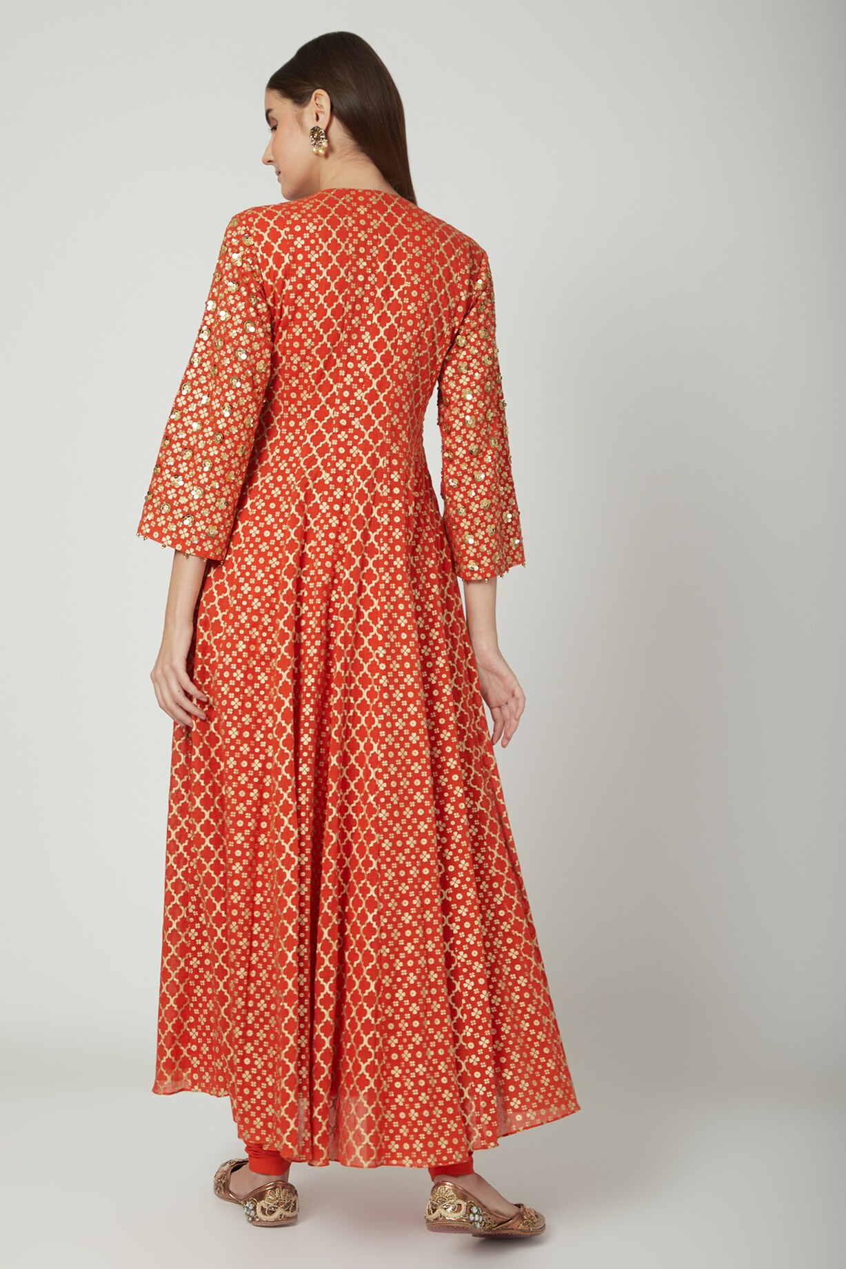 Orange Embroidered & Printed Angrakha Anarkali Set by Seema Nanda at ...