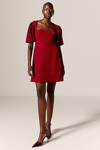 Deep Red Crepe Twill Mini Dress by Manika Nanda at Pernia's Pop Up Shop ...