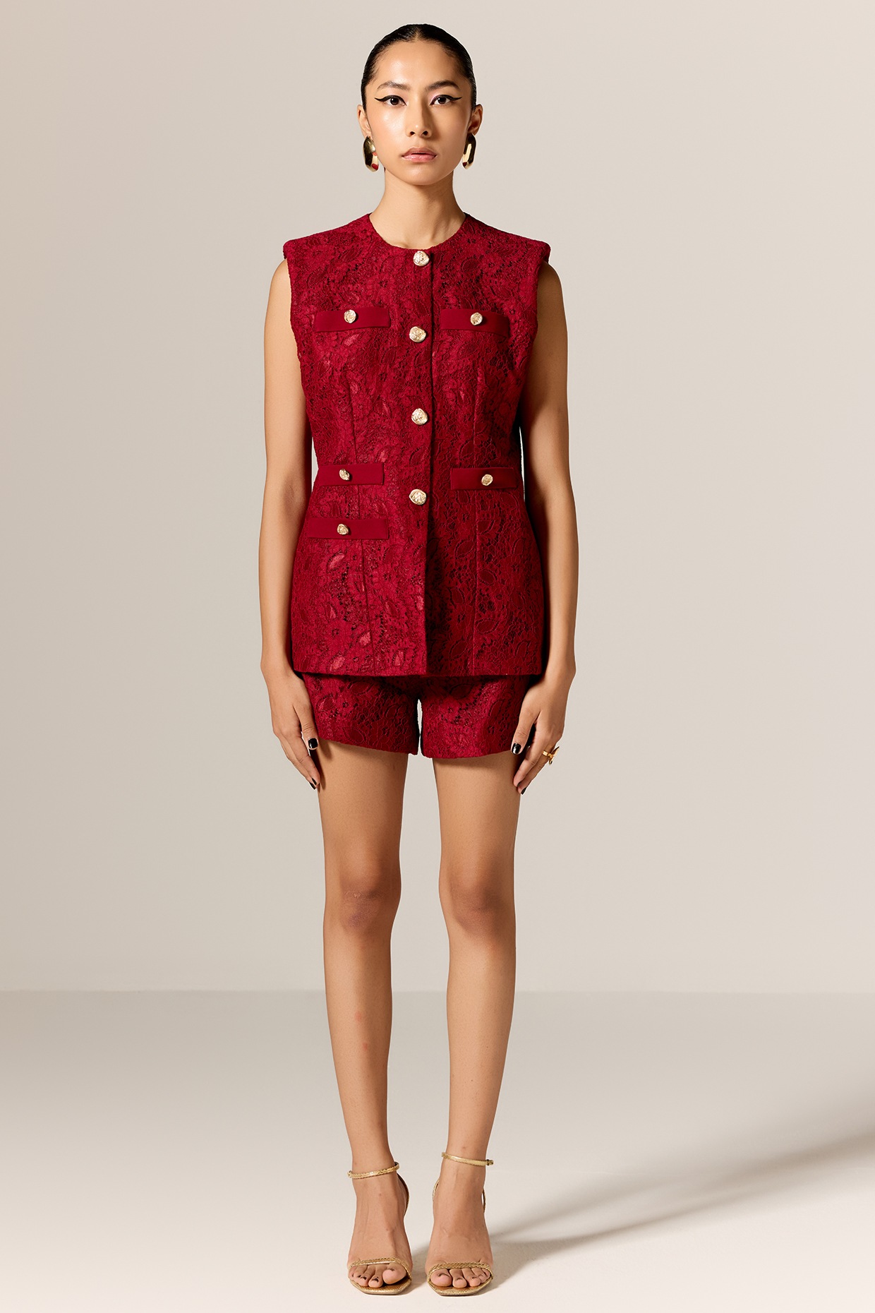 Deep Red Crepe Twill Waistcoat Set by Manika Nanda at Pernia's Pop Up ...