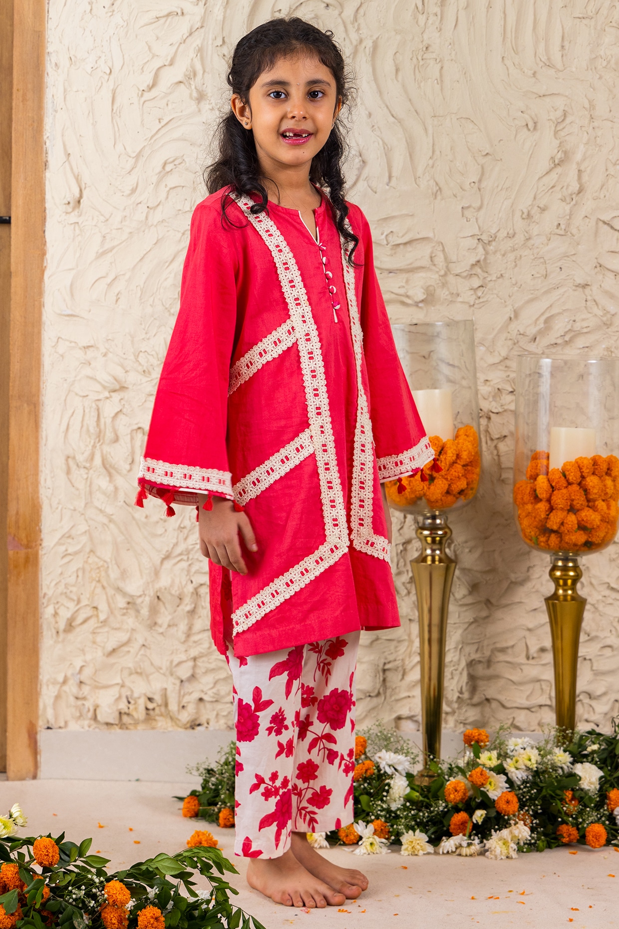 Pink Glace Cotton Kurta Set For Girls by MINI TRAILS at Pernia's Pop Up ...