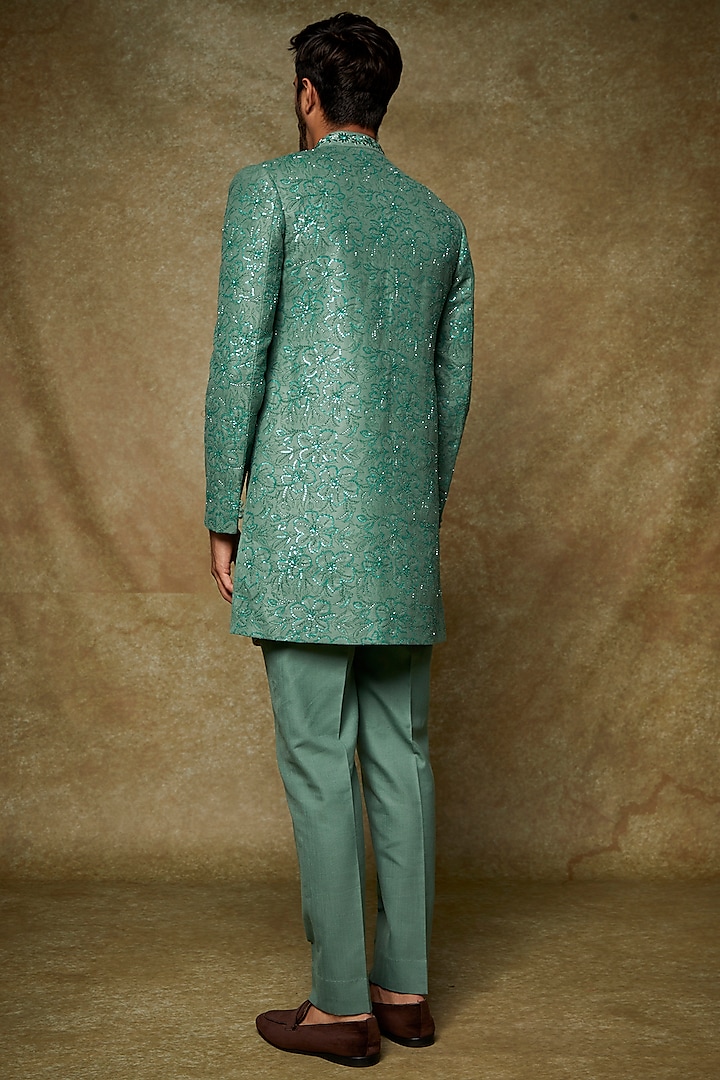 Jade Green Silk Printed & Embroidered Indo-Western Set by Manish Nagdeo ...