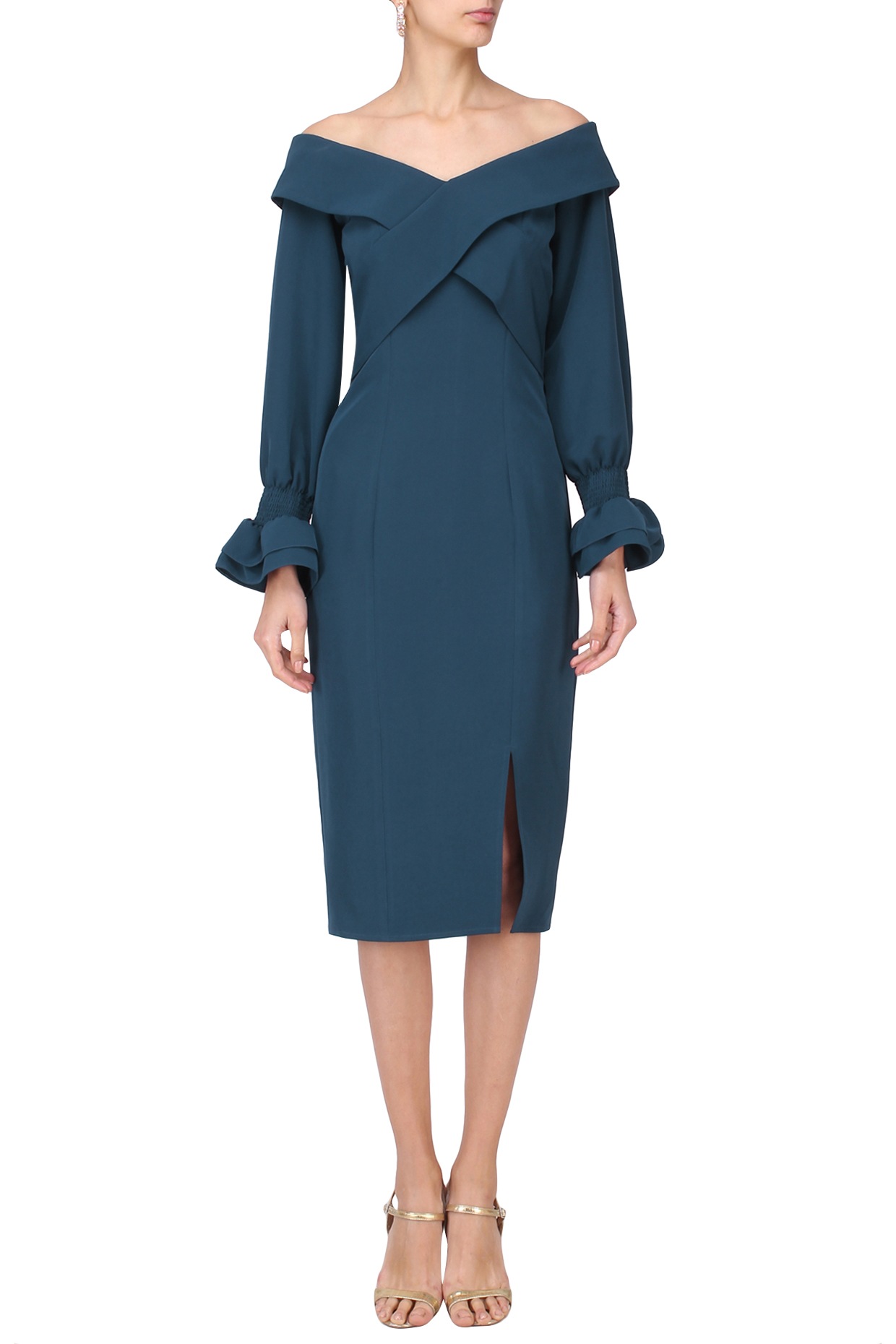 Prussian blue off shoulder fitted dress available only at Pernia's Pop ...