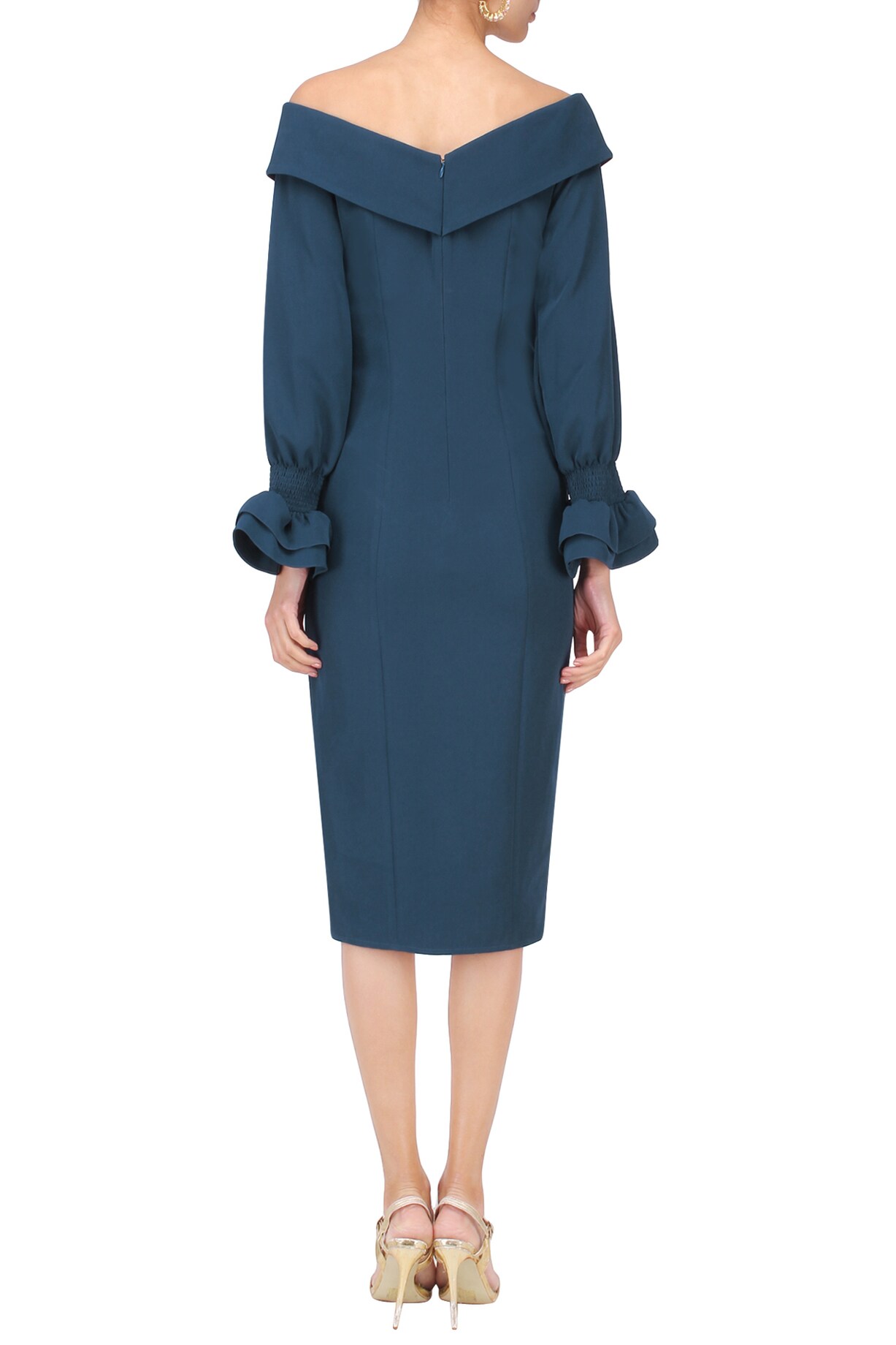Prussian blue off shoulder fitted dress available only at Pernia's Pop ...