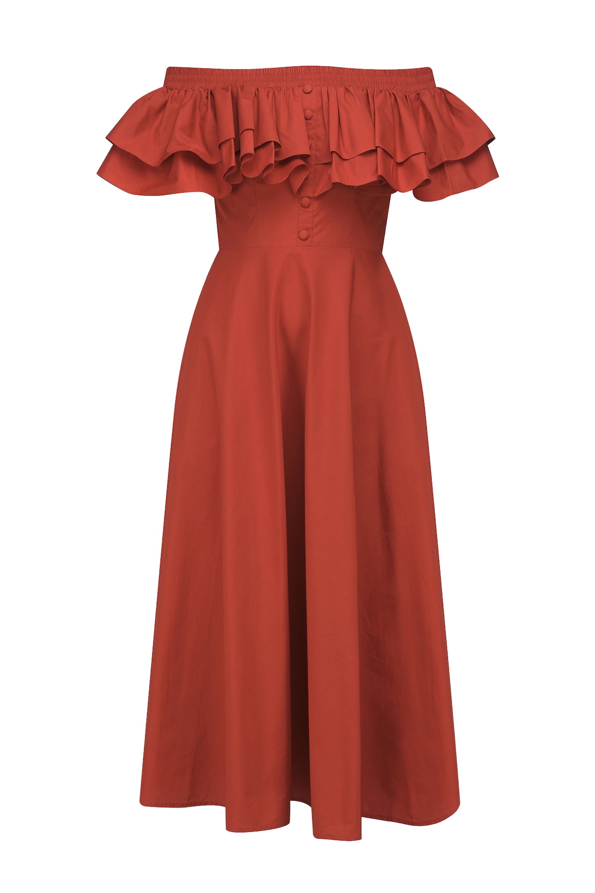 Flaming orange ruffled midi dress available only at Pernia's Pop Up ...