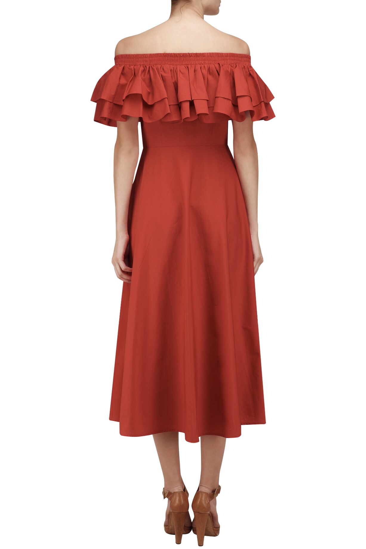 Flaming orange ruffled midi dress available only at Pernia's Pop Up ...