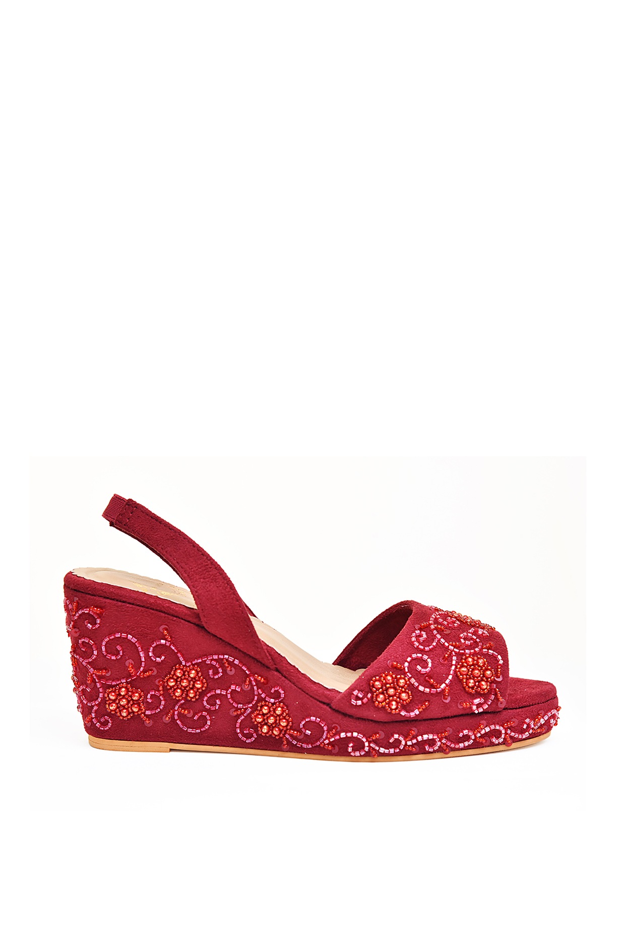 Red Embroidered Wedges by Modanta at Pernia's Pop Up Shop 2025