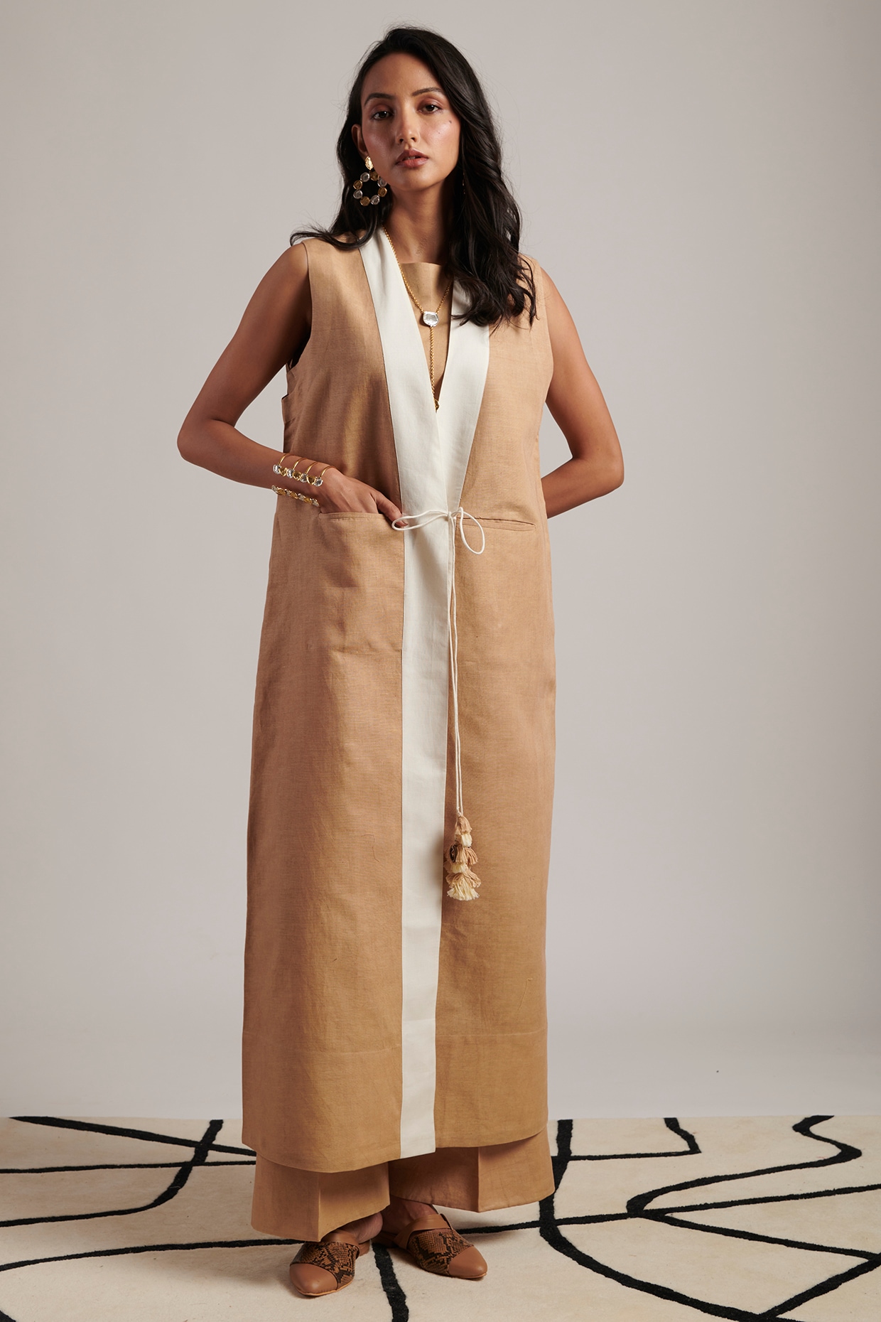 Beige Pure Linen Sleeveless Overlay by MOH India at Pernia's Pop Up ...