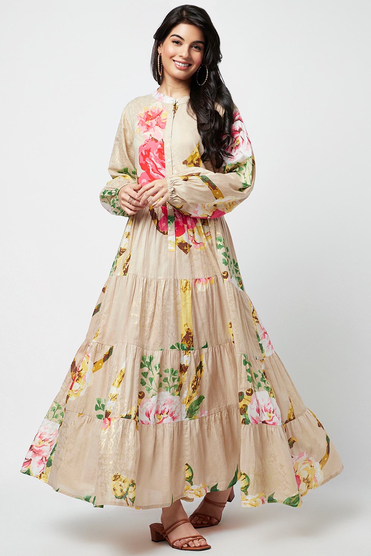 Beige Cotton Printed Maxi Dress by Moihno at Pernia's Pop Up Shop 2025