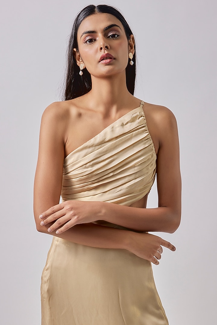 Gold Silk Metallic Ruched Asymmetric Maxi Dress by Moihno at Pernia's ...